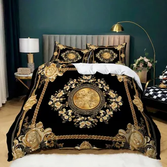 Generic Bettbezug 135 x 200 cm Mikrofaser Bettdeckenbezug mit Reißverschluss Goldkette, Blumen-, Quadrat, Umrandungen Bettbezug Set 3 Teilig Schwarzes Gold Be