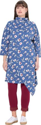 Ulla Popken Damen gro&szlig;e Gr&ouml;&szlig;en &Uuml;bergr&ouml;&szlig;en Plus Size Jerseykleid, Bl&uuml;ten, Wickeloptik, 3/4-Arm, Biobaumwolle helles segelblau 58+ 843210725-58+