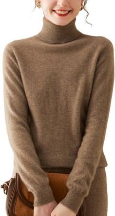 Dissa WEWE Pull Cachemire 95% Femme Col roulé Uni Tricoté Ajust Manches Longues Fin Pull en Cachemire et Laine,Marron,EU 42,MN602
