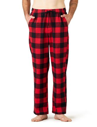 Lapasa Herren Schlafanzughose Karierte Pyjamahose, Long Relaxhose Loungehose Freizeithose M39 W&auml;rmer, Baumwollflanell: Schwarz Rot, XX-Large