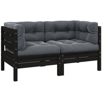 vidaXL 2-Sitzer-Gartensofa mit Kissen Schwarz Massivholz Kiefer - Vidaxl