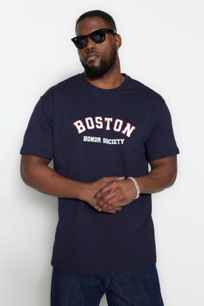 Trendyol MAN Jungen Dunkelblau Slogan Kurz Oversize Gro&szlig;e Gr&ouml;&szlig;en T-Shirts