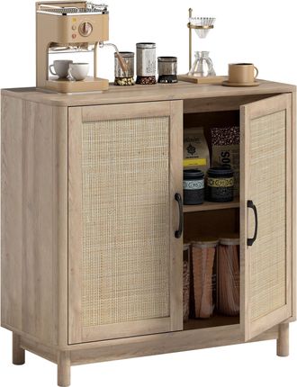 HOMCOM Wohnzimmer-Sideboard, Aufbewahrungsm&ouml;bel mit 2 T&uuml;ren aus Rattan, verstellbarem Regal und abgerundeten Kanten, Boho-Stil, Sideboard f&uuml;r Esszimmer und K