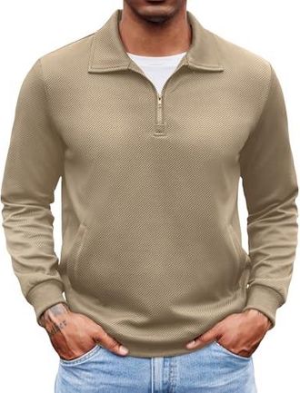 Coofandy Polo &agrave; Manches Longues pour Homme avec Fermeture &eacute;clair Extensible Sport Golf Zip Pull-Over Kaki XL