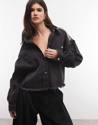 AllSaints Nicky Co-ord Langarm-Denimhemd mit Nietenverzierung in verwaschenem Schwarz