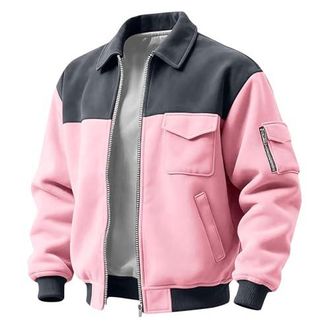 Generic Veste bomber r&eacute;tro pour homme - Veste de travail classique - Bloc de couleurs - Veste cargo avec de nombreuses poches - Veste de transition avec ferme