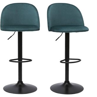 Miliboo Barhocker höhenverstellbar aus petrolblauem Samt und schwarzem Metall (2er-Set) celeste