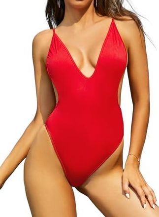 SHEKINI Femme Maillot de Bain Une Pièce Profond Col en V Réglables Bretelles Amincissant Swimsuit Brésilien String Monokini (M,Rouge K)