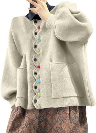 Generic Cardigan tricot&eacute; surdimensionn&eacute; pour femme avec boutons color&eacute;s et manches bouffantes avec poches, manteau de printemps pour femmes 2026, beige, XL