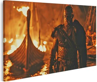 Islandburner Bild auf Leinwand Wikinger bei n&auml;chtlichem Schiffbrand f&uuml;r Wohnzimmer Kunstliebhaber Tattoo Studio Bilder Wandbilder Poster
