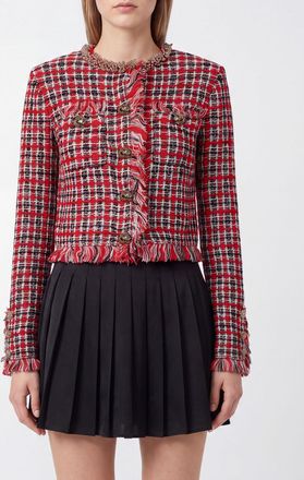 Self Portrait Kurzer karierter Tweed-Blazer mit Rundhalsausschnitt und Fransen-Saum