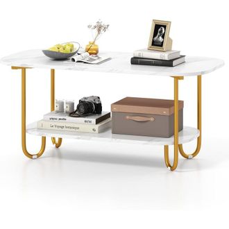 Costway Costway - Table Basse Marbre, Table de Salon 2 Niveaux, Cadre M&eacute;tallique Robuste, Table Basse Design, Blanc+Dor&eacute;, 100 x 50 x 45 cm
