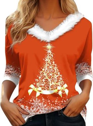 Generic Pull No&euml;l Femme Manches Longues Col en V Sapin de Noel Impression Christmas Haut Multicolore Imprim&eacute; Bonhomme de Neige Sweatshirt Automne Pullover &agrave; M