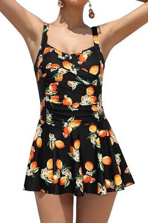 SHEKINI Maillot de bain une pièce rétro pour femme - Robe de bain élégante - Robe de bain plissée - Grande taille - Jupe de natation pour femme, Imprimé citro