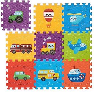 Relaxdays Tapis de Jeu, 9 pi&egrave;ces, avec v&eacute;hicules, sans substances nocives, Lavable, Mousse EVA, Multicolore