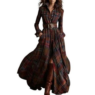 Generic Robe Vintage &Agrave; Col en V Et Manches Longues pour Femmes Retro Maxi Western Country Robes D&eacute;contract&eacute;e Dress De Plage Vacances Longueur Genou M&eacute;di&eacute;val J