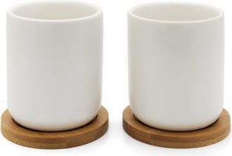 Bredemeijer weiße Keramik Teebecher 2-teilig mit Untersetzer aus Holz