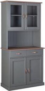 Dmora Sideboard mit 2 geschlossenen T&uuml;ren, 2 Vitrinen und 2 Schubladen, in grau lackierter massiver Kiefer mit brauner Oberseite und Oberfl&auml;chen, 90x45x191 