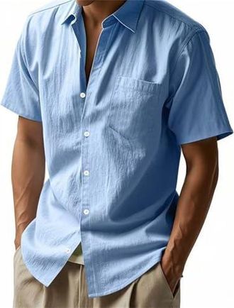 Generic Chemises en lin pour homme - Chemises blanches d&eacute;contract&eacute;es en coton - Chemise de plage en lin - Chemise longue blanche en coton - Polo &agrave; manches cou