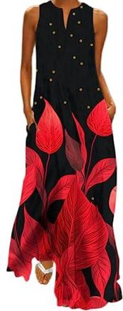 Ocean Plus Robe Maxi pour Femme &agrave; Motif col en V avec Poches Plaqu&eacute;es et Jupe Large (L, Feuilles Rouges)