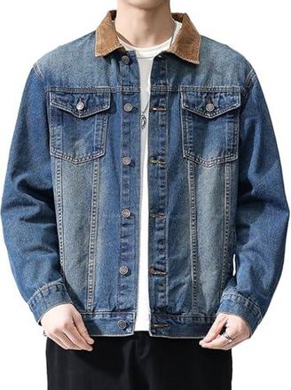 Generic Veste en jean &agrave; col en velours c&ocirc;tel&eacute; doubl&eacute;e de couverture, veste chemise de travail d&eacute;lav&eacute;e, jean utilitaire automne-hiver, grande taille, bleu fonc