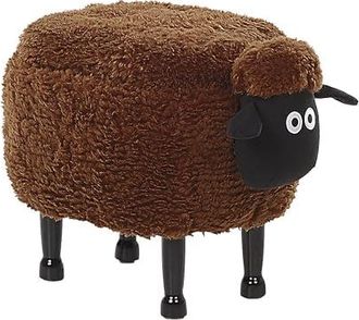 Beliani Pouf Tabouret pour Enfant en Forme de Mouton en Tissu Marron et Pieds Bois avec Coffre de Rangement