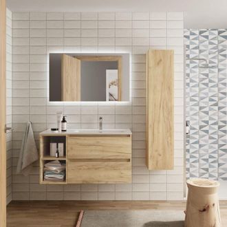 Cygnus Bath Meuble de salle de bain BEQUIA Plus 90cm Ch&ecirc;ne Vasque Porcelaine Robinet &agrave; droite