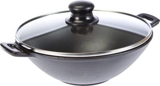 KELA Gusseisen Wok mit Glasdeckel 24 cm, Mini Wokset mit Dünstrost, Stäbchen, Holzzange, kleiner Wok Induktion, 1,6L Wokpfanne mit Deckel