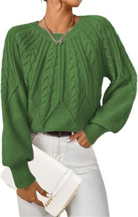 Generic Pull &agrave; col rond et manches longues en tricot torsad&eacute; pour femme, pull tendance 2025 pour lautomne et lhiver, vert olive, M