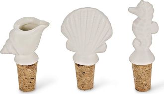 Loberon Flaschenverschluss 3er Set Frisennier, nautische Formen, maritimes Flair, zum Schutz der Aromen, Küchenutensilien, Tischaccessoires, Porzellan, Kork, 