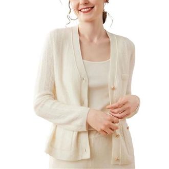 Generic Cardigan &agrave; col en V 100 % cachemire pour femme - Veste dhiver unie douce et confortable en tricot &eacute;l&eacute;gant, blanc, Taille XS