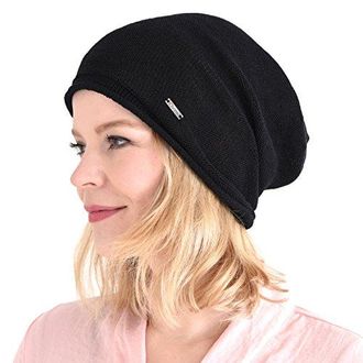Charm by Casualbox Bonnet en Soie 100% Naturel - Bonnet De Nuit Homme Chimio Chapeau Peau Sensible Cheveux Bouclés Grand Beanie Tombant Femme Tricoté Slouch Noir