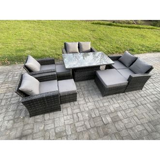 Fimous Gartenm&ouml;bel-Set im Freien 8 St&uuml;cke Polyrattan M&ouml;bel Sofa Esstisch Set mit 3 Hocker Dunkelgrau Gemischt - Fimous