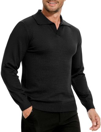iClosam Pullover Herren Polo Langarm Strickpullover Strick Winterpullover mit Polo Revers Business Poloshirt Herren,Schwarz,XXL