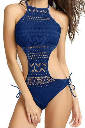 Ocean Plus Damen Schwarz Hochgeschlossen Badeanzug Neckholder Spitze One Piece Cut Out Padded Monokini (XXL/40, Saphirblau)