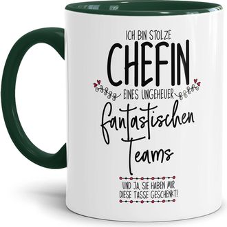 Tassendruck Tasse mit Spruch - Lustige Tasse Chefin - Stolze Chefin eines fantastischen Teams - Geschenkidee für die Beste Chefin - Keramik, Innen & Henkel Dunkel