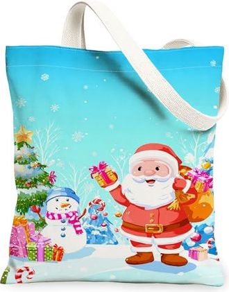 Generic Sacs fourre-tout en toile avec motif P&egrave;re No&euml;l, bonhomme de neige, sacs r&eacute;utilisables, l&eacute;gers et lavables avec bandouli&egrave;re en toile F, bleu, 13x15 Inc