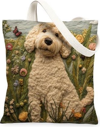 Generic Sac fourre-tout en toile motif chien griffonn&eacute; dor&eacute; printemps 33 x 38,1 cm, sac d&eacute;picerie r&eacute;utilisable &agrave; motif floral fantaisie pour femme, peinture d