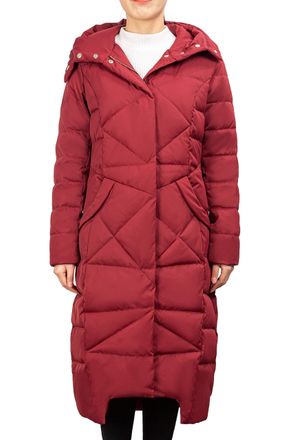 Orolay Damen Daunenmantel mit Kapuze Lange Winterjacke Winddichte Gesteppte Oberbekleidung N-Rot XS