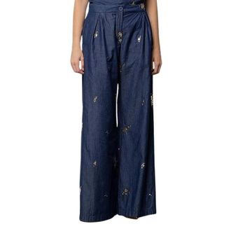 Kaos Kaos, Femme, Pantalons, Bleu, Taille: 42 FR Pantalon Palazzo &agrave; Sequins Brod&eacute;s