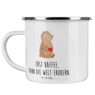 Mr. & Mrs. Panda Camping Emaille Tasse B&auml;r Kaffee - Geschenk, Emaille Tassen, Welt retten, Tasse Emaille, Camping Tassen, Teddy, Teddyb&auml;r