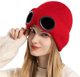 Generic Bonnet Femme Hiver Bonnet Femme Chapeau Femme Hiver Confortable Classique - Bonnet Ski avec Lunettes Int&eacute;gr&eacute;es, Tricot Laine Chaud, Protection Compl&egrave;t