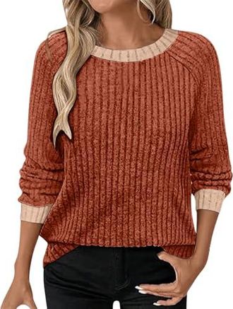 Generic Pull en tricot à manches longues pour femme - Col rond - Bloc de couleurs - Pull ample - Élégant - Pull côtelé - T-shirt à manches longues - Confortab