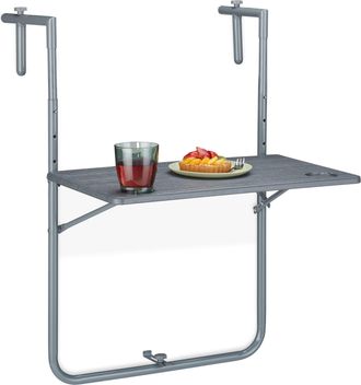 Relaxdays Balkonh&auml;ngetisch klappbar, BxT: 59,5 x 60 cm, 3-Fach h&ouml;henverstellbar, 2 Getr&auml;nkehalter, Gel&auml;ndertisch, grau