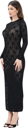 Akep Femme, Robes, Noir, Taille: 36 FR Robe Longue en Tricot Noir avec Broderie &Eacute;toile