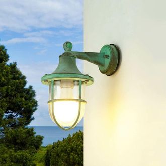 Licht-Erlebnisse Licht-erlebnisse - Au&szlig;enwandleuchte IP64 Gr&uuml;n antik E27 Glas Messing massiv Maritim Au&szlig;enleuchte