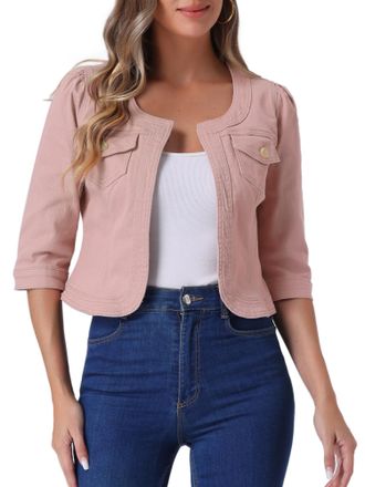 Allegra K Damen Jeansjacke 3/4 &Auml;rmel Open Front Kragenlos Jacke mit Taschen Rosa XS
