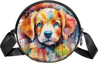 Generic Sac &agrave; bandouli&egrave;re rond rond pour femme, motif chiot graffiti, aquarelle, avec fermeture &eacute;clair, bretelles r&eacute;glables
