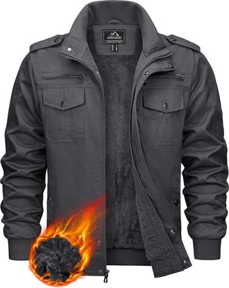 KEFITEVD Thermo Jacke Herren Gef&uuml;ttert &Uuml;bergangsjacke Warme Winterjacke Fleece Milit&auml;r Jacke Cargo Jacke mit Brusttaschen Pilotenjacke Dunkelgrau S
