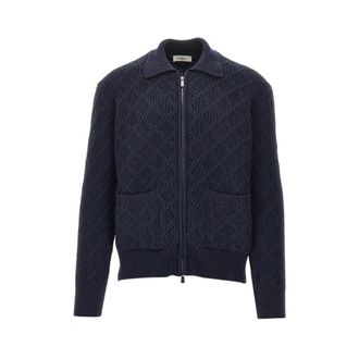 PIACENZA 1733 Piacenza 1733 - Cardigan zipp&eacute; en laine &agrave; motif losanges - Homme - Pulls - Bleu - Taille: XL